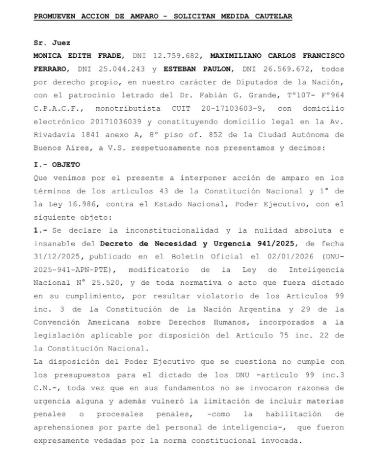 Policía Secreta: Diputados llevaron a la Justicia el DNU de Inteligencia