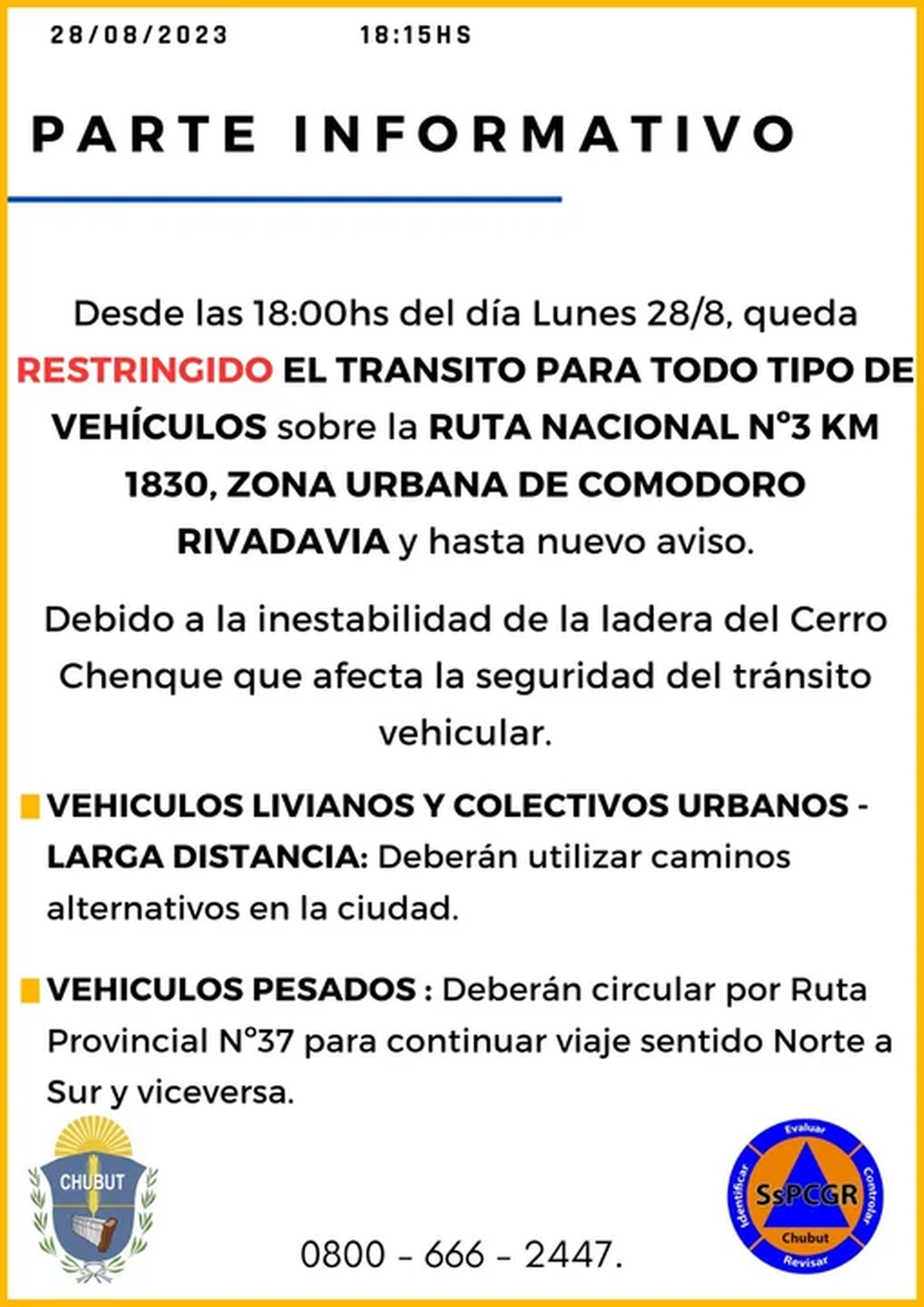 Pánico en Comodoro Rivadavia: La ruta 3 se partió al medio