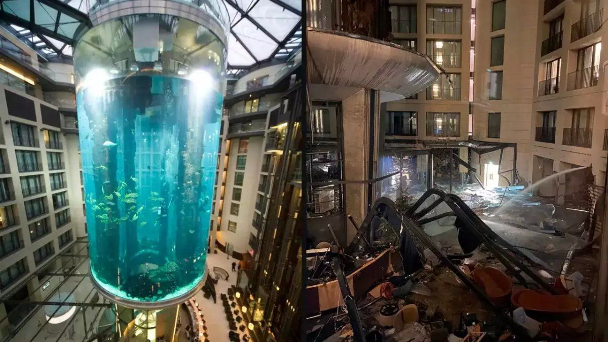 Reventón de AquaDom, el gran acuario cilíndrico de Berlín