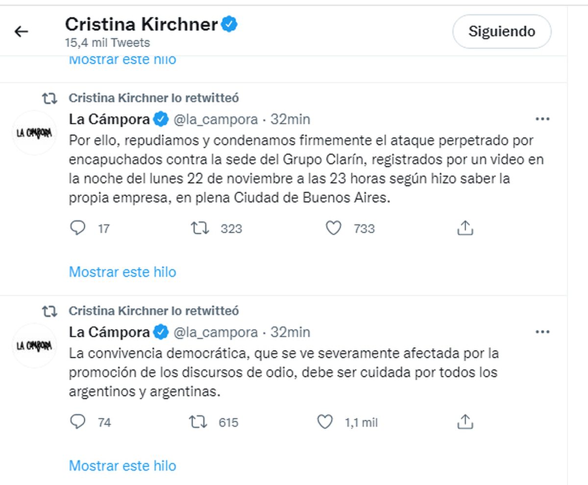 Reapareció Cristina Kirchner por el ataque a Clarín