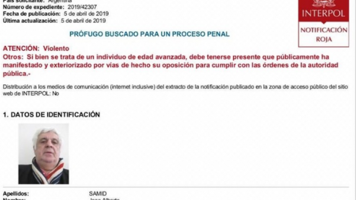 Interpol emitió una alerta roja para la detención del violento Samid